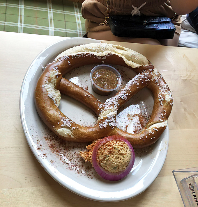 Not all heroes wear capes; some come shaped like pretzels. This magnificent brezen with obatzda cheese spread is carb perfection worth every mile driven.