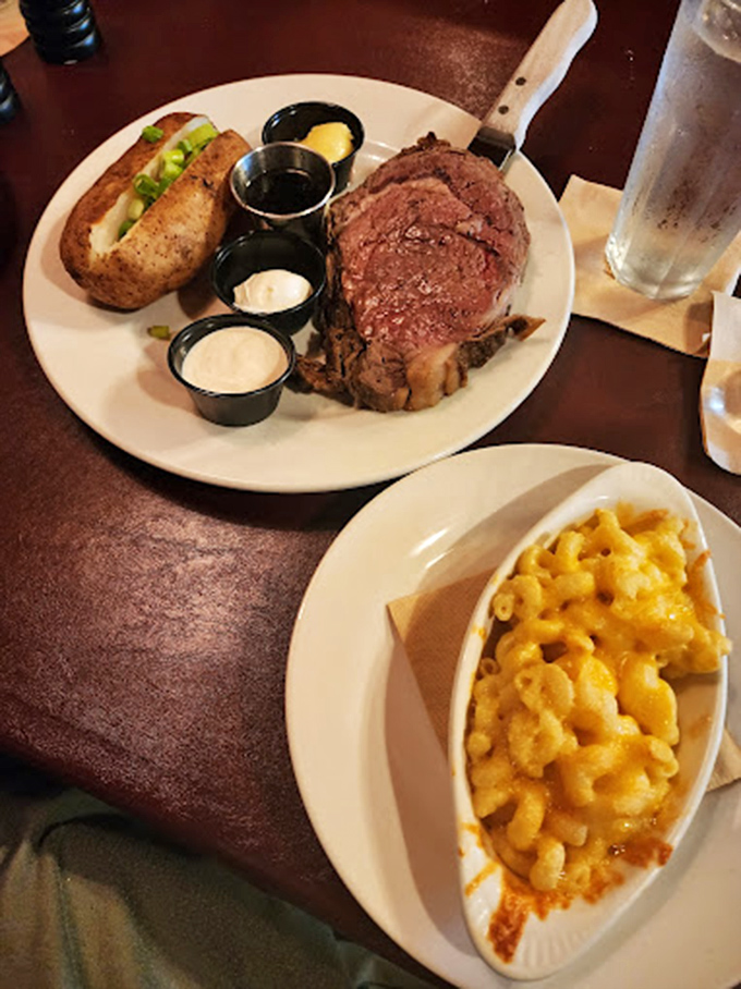 Prime rib that doesn't need a filter&mdash;perfectly pink, served with a loaded baked potato and mac and cheese that would make your childhood self high-five your adult self.
