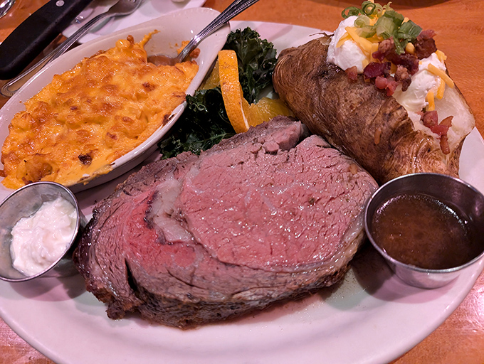 Prime rib perfection that would make a vegetarian question their life choices. Served with sides that don't merely accompany but elevate the entire meat symphony.