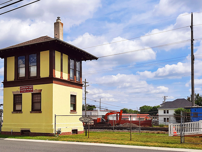 The charming yellow tower stands as a sentinel of Harrington's railroad heritage, a Victorian-era reminder of the town's connection to America's rail history.