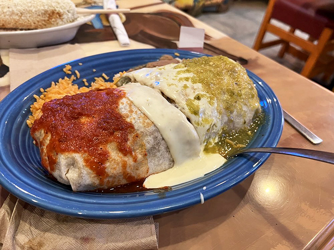This "Christmas-style" burrito, smothered in both red and green sauces, is what happens when Santa's workshop opens a Mexican restaurant.