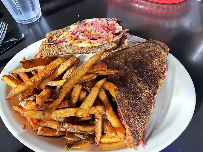 The legendary Reuben arrives like a work of art&mdash;perfectly grilled rye bread barely containing a mountain of corned beef, while those hand-cut fries demand equal attention.