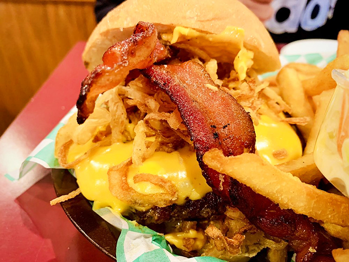 Cheese eruption in progress! This Roadhouse burger doesn't just satisfy hunger&mdash;it creates memories with every molten, messy, magnificent bite.
