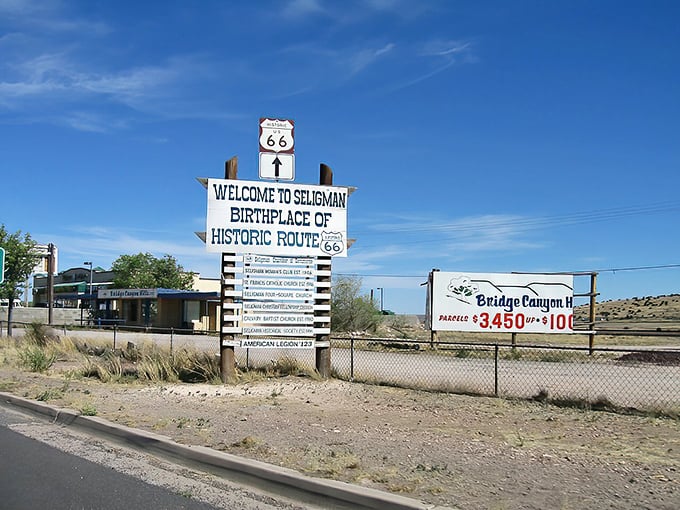 "Welcome to Seligman: Birthplace of Historic Route 66" declares the sign, making a bold claim that this humble town wears like a well-earned badge.