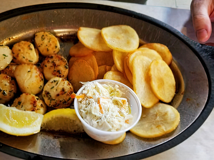 These seared scallops aren't just cooked&mdash;they're respected. Golden-brown exteriors hiding sweet, tender centers, served alongside homemade chips and a dollop of fresh slaw.