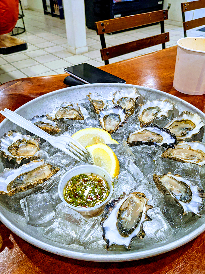 These oysters aren't just served; they're presented like jewelry on ice, glistening with the promise of briny perfection and oceanic bliss.