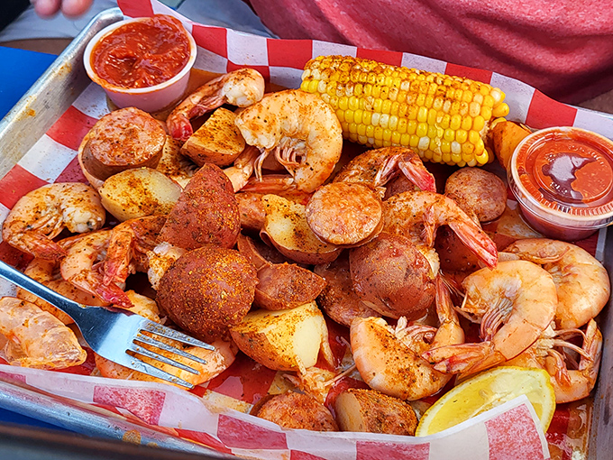 The Low Country Boil arrives like a treasure chest of the sea &ndash; potatoes and corn playing supporting roles to the real stars: those magnificent local shrimp.