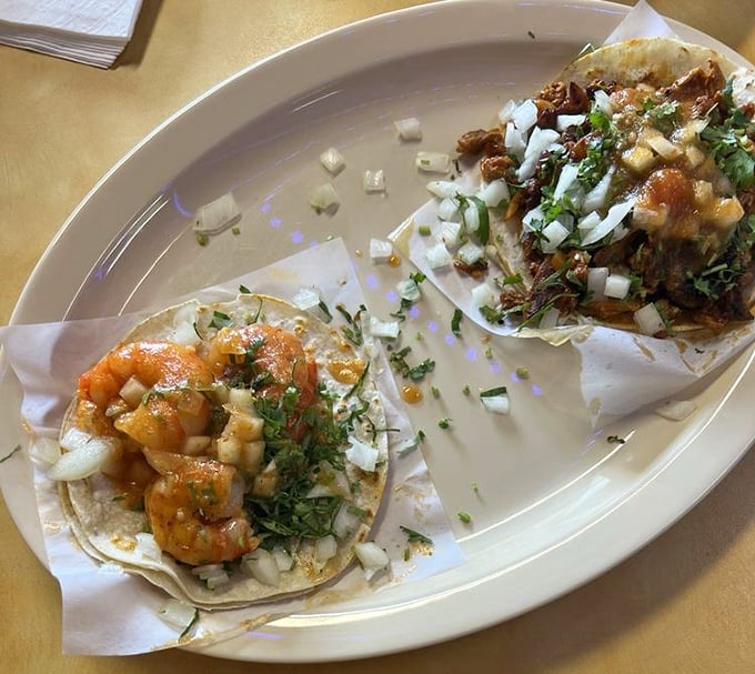 Taco perfection doesn't need fancy plating. These shrimp tacos deliver ocean-fresh flavor with every bite, topped with just the right amount of cilantro and onion.