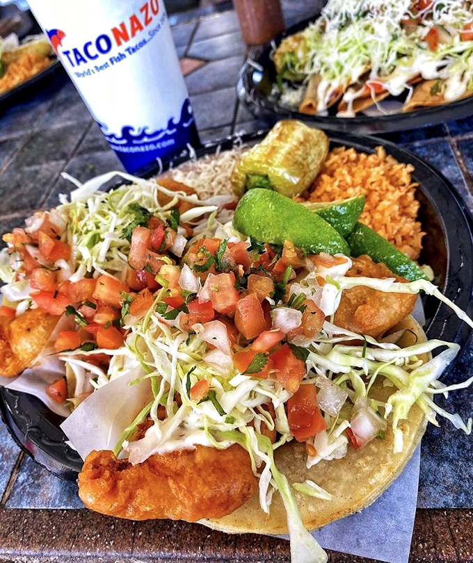 Golden-battered shrimp nestled in soft tortillas with fresh toppings - this is comfort food with serious coastal credentials. 