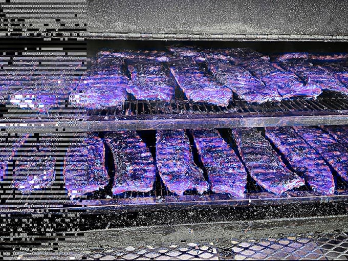 Behold the purple-hued promise of flavor. These ribs, basking in their smoky sauna, are experiencing the transformative magic that turns tough cuts into tender treasures.