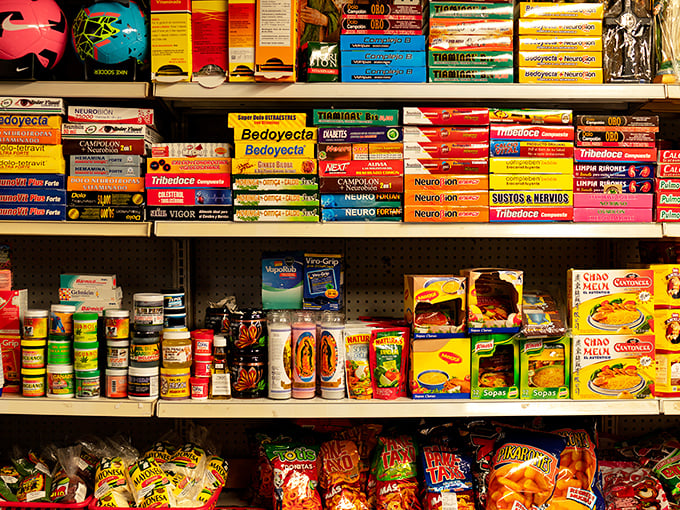 A United Nations of snacks! These colorful shelves offer a passport to flavors from across Latin America without leaving Delaware.