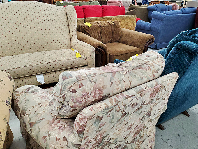 Furniture showroom or time machine? These sofas have witnessed decades of TV shows, family arguments, and nap-induced drool spots.