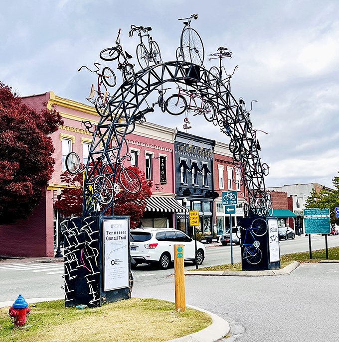 This whimsical bicycle arch marks the Tennessee Central Heritage Rail Trail, proving that Cookeville knows how to turn transportation into art.