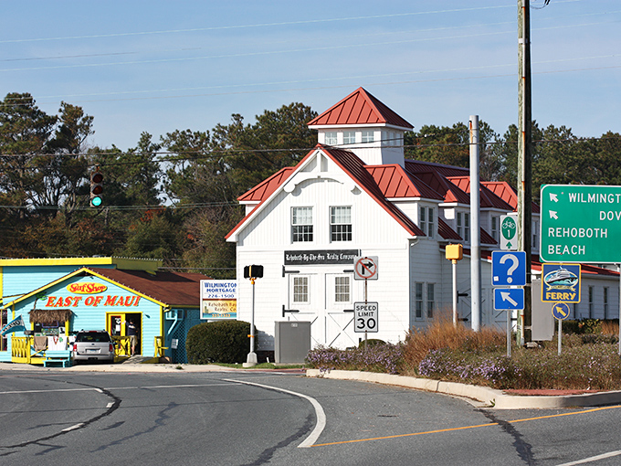 Small-town charm meets coastal character at this intersection, where beach life and everyday necessities happily coexist.