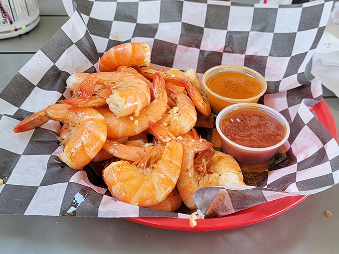 These steamed shrimp aren't just pink; they're blushing with pride. Plump, perfectly seasoned, and ready to dive into those dipping sauces.