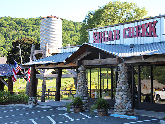 Sugar Creek Gem Mine isn't just a store—it's where Americana meets the great outdoors. That water tower stands like a sentinel guarding mountain traditions. P