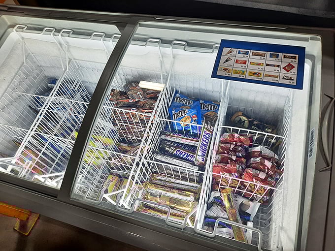 Sweet tooth temptations line these freezers, proving one person's grocery overstock is another's pantry-stocking opportunity.