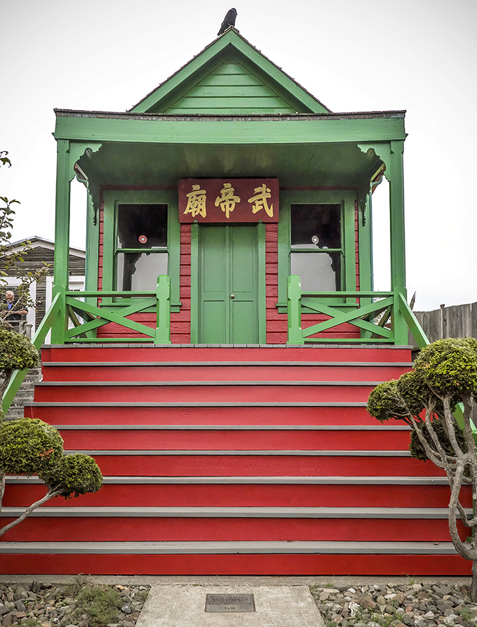 The Temple of Kwan Tai brings a pop of color and cultural heritage to Mendocino's architectural ensemble.