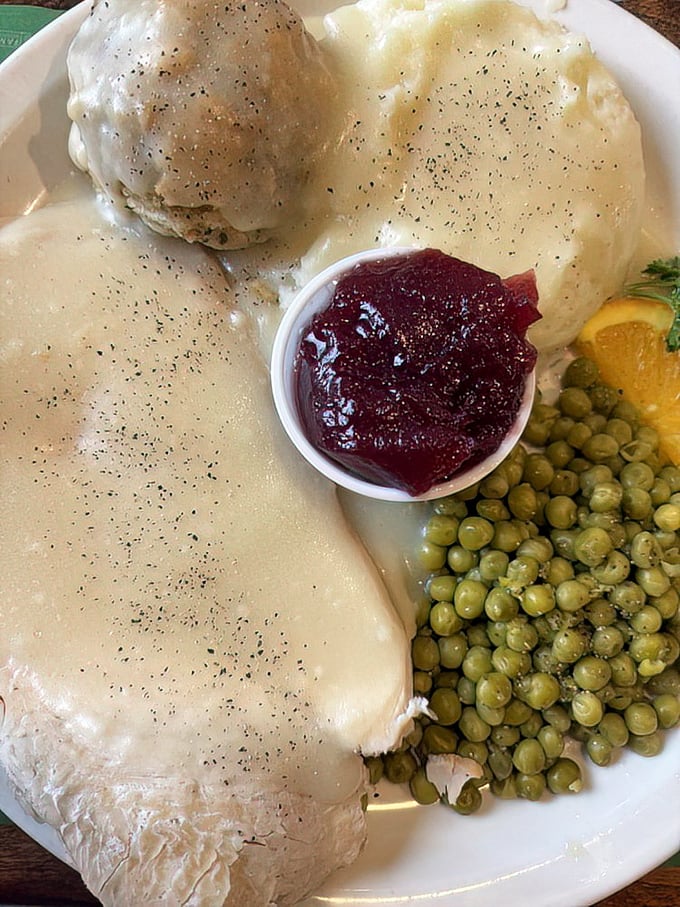 Turkey dinner that makes Thanksgiving jealous&mdash;tender slices bathed in gravy with a pop of cranberry brightness that cuts through the richness perfectly.