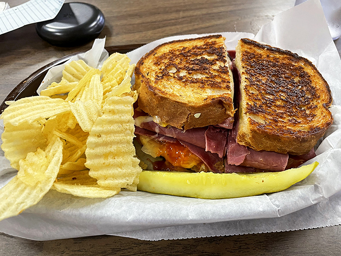 This turkey Reuben doesn't need a pardon&mdash;it deserves a medal. Golden-grilled bread embraces tender meat while crispy chips stand guard on the sidelines.