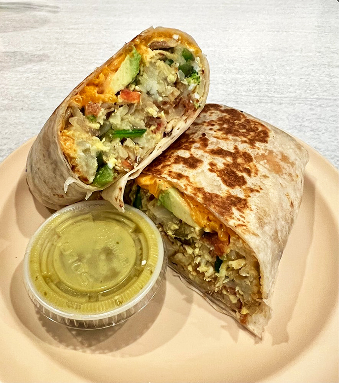 This breakfast burrito doesn't need a passport to deliver international flavor. Stuffed with veggies and served with salsa verde that wakes up your taste buds.