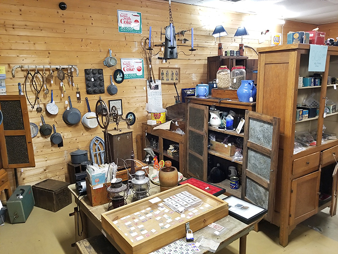 Kitchen artifacts that would make your grandmother swoon, arranged like a museum exhibit of everyday American life.