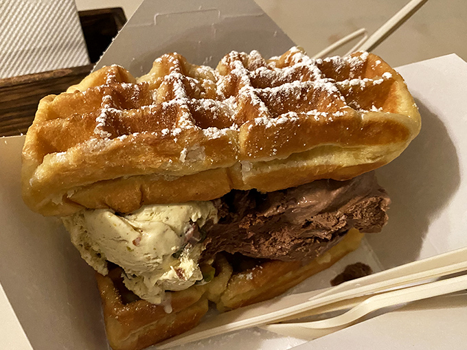 Behold the waffle sandwich&mdash;architecture's greatest contribution to dessert. Two golden waffles embracing ice cream like they've been separated for years.