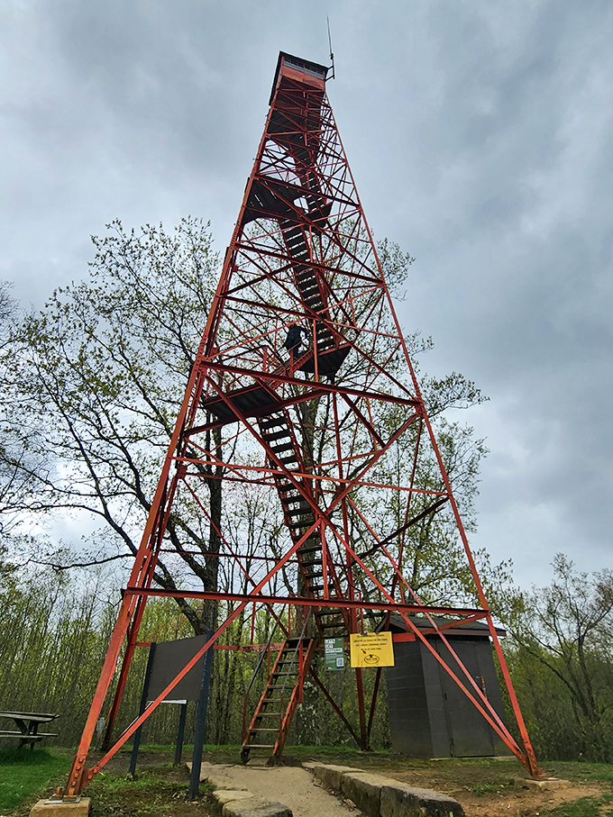 The fire tower stands like a sentinel from another era. Climbing these 80 feet of steel courage rewards brave souls with panoramic views worth every heart-pounding step.