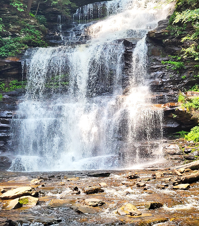 Sunlight dances through the mist at one of Ricketts Glen's 22 named waterfalls, creating a natural light show that no Vegas production could match.