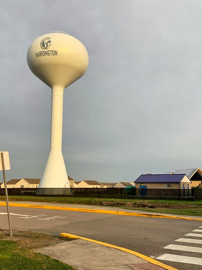The iconic Harrington water tower—part municipal infrastructure, part town landmark—stands tall above modest homes where mortgage payments won't drain your retirement fund.