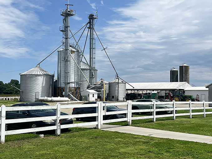Agricultural heritage on full display &ndash; these grain silos and farm equipment aren't museum pieces but working symbols of Bridgeville's farming heart.