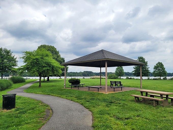 Wilmer Park provides a peaceful riverside retreat where picnic tables await under a pavilion with million-dollar views of the Chester River.