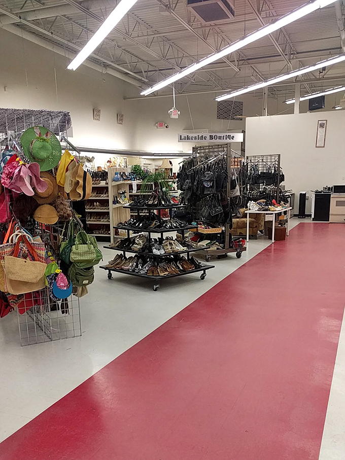 The "Lakeside Boutique" section elevates thrifting to an art form. Shoes, bags, and hats waiting for their second act on life's stage.