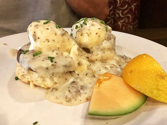 Biscuits and gravy that would make your Southern grandmother weep with joy, topped with perfectly poached eggs and fresh chives.