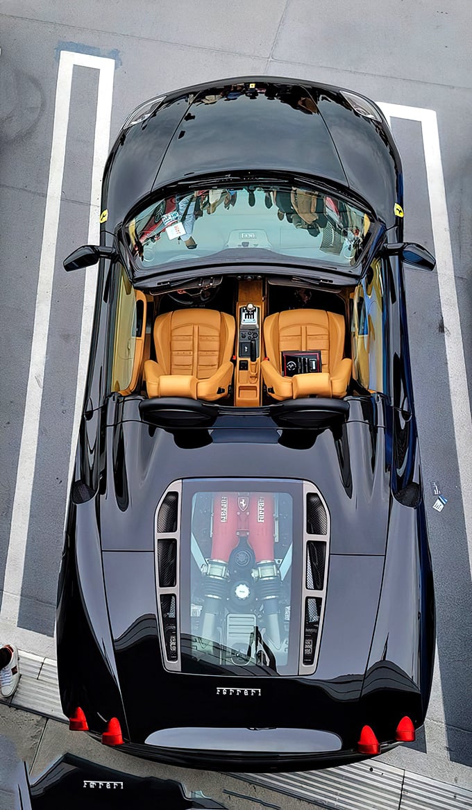 Italian engineering meets California sunshine in this glass-topped Ferrari. The transparent engine cover is basically automotive lingerie.
