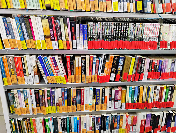 Books stacked like literary gold mines, where your next favorite read costs less than a fancy coffee drink.