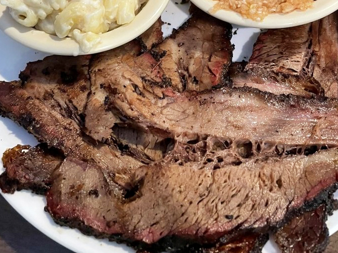 This brisket has the kind of smoke ring that makes barbecue enthusiasts weak in the knees. Tender enough to cut with a whisper.