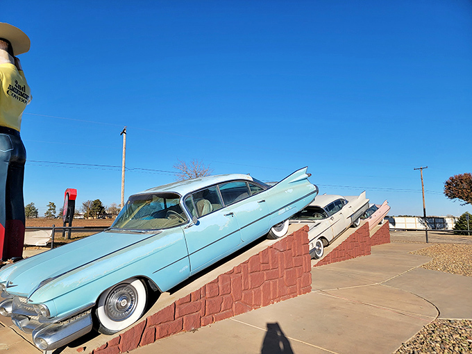 Not your typical car showroom! These vintage Cadillacs at a nearby attraction pay homage to the original Ranch with their angled display and classic lines.