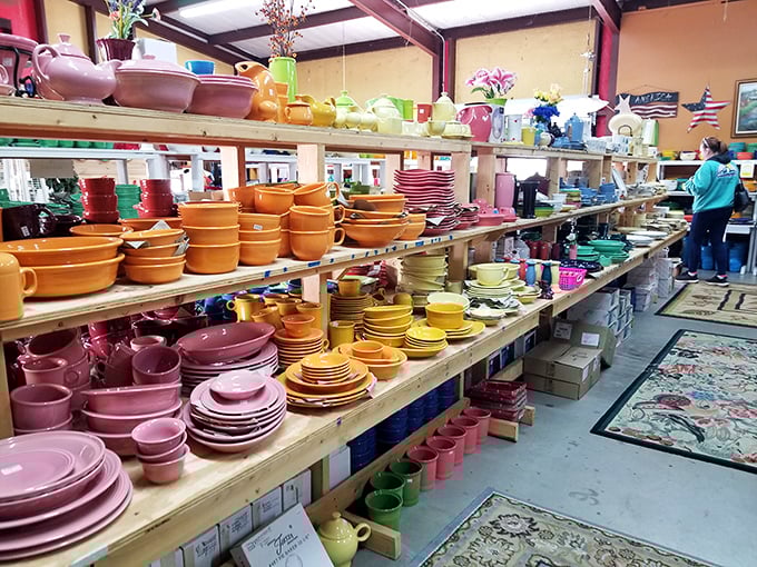 Fiestaware heaven! Every color of the rainbow organized in a way that would make Marie Kondo weep with joy. Your kitchen cabinets are begging.