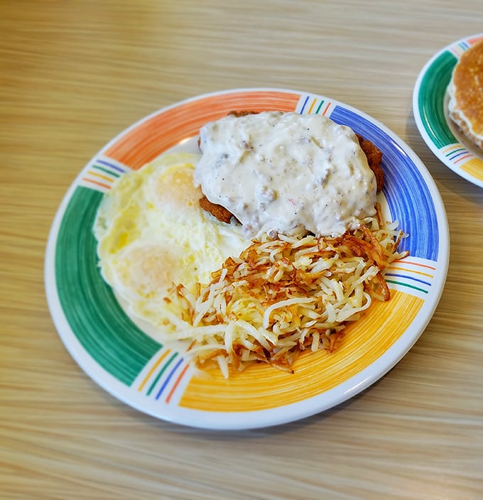 Behold, the star of our show&mdash;chicken fried steak swimming in gravy with eggs and hash browns standing by, ready for their supporting roles.
