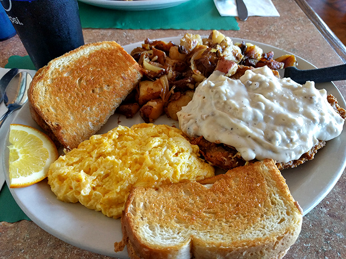 The star of the show: chicken fried steak that could make a vegetarian question their life choices, smothered in gravy that demands to be sopped up.