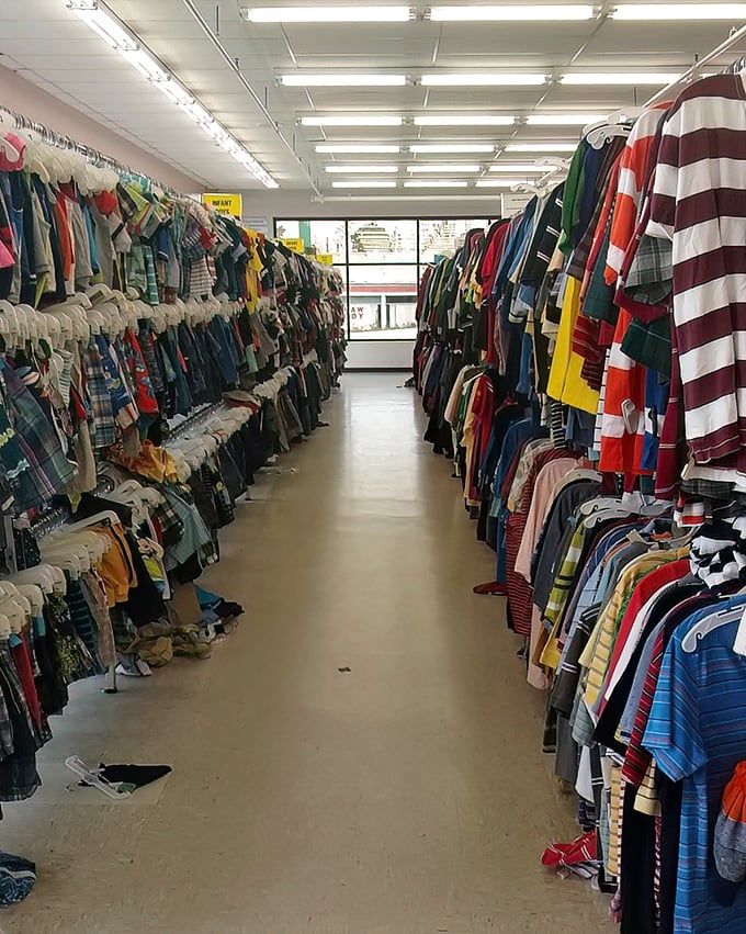 The clothing section stretches like a textile Grand Canyon. Somewhere in this fabric forest is the vintage Hawaiian shirt of your dreams.