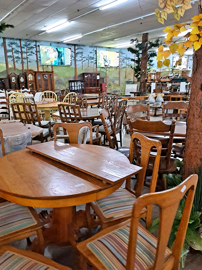 Dining table paradise where every piece tells a story. That oak pedestal table has probably hosted more family secrets than a therapist's office.