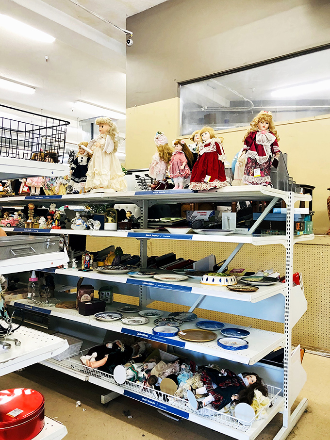 The porcelain audience silently judges your shopping choices. These dolls have seen things, and now they're watching you contemplate that velvet painting.