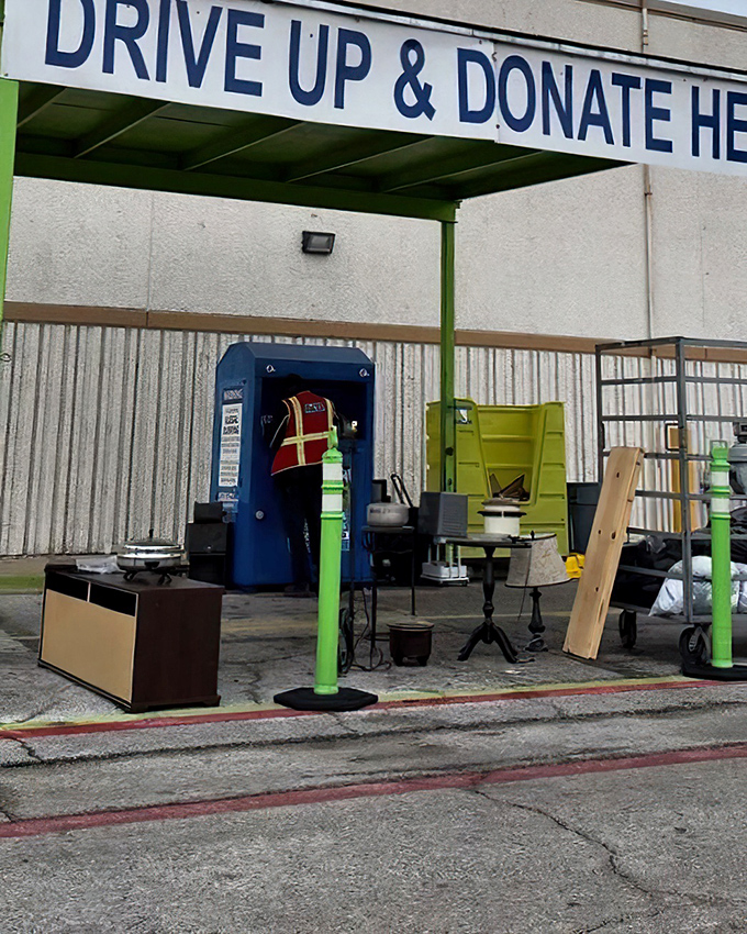 One person's spring cleaning becomes another's treasure hunt at this drive-up donation station, retail's circle of life.