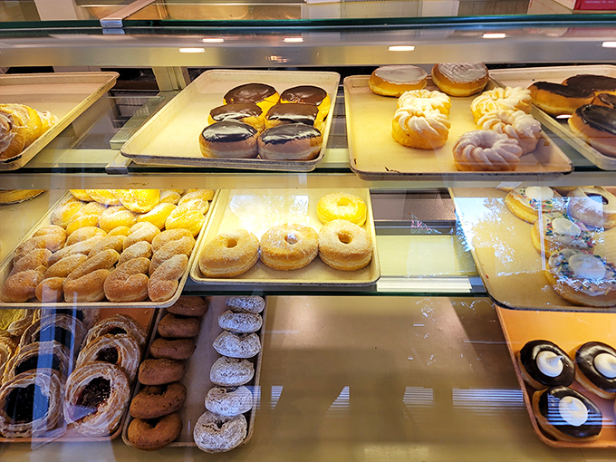 Donut nirvana exists, and it's displayed right here. Each tray a different path to the same destination: pure, unadulterated joy.