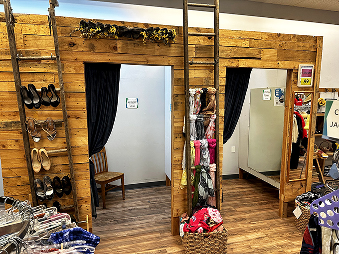 These rustic dressing rooms could star in their own HGTV makeover show. Reclaimed wood and black curtains create a changing experience that's surprisingly upscale.