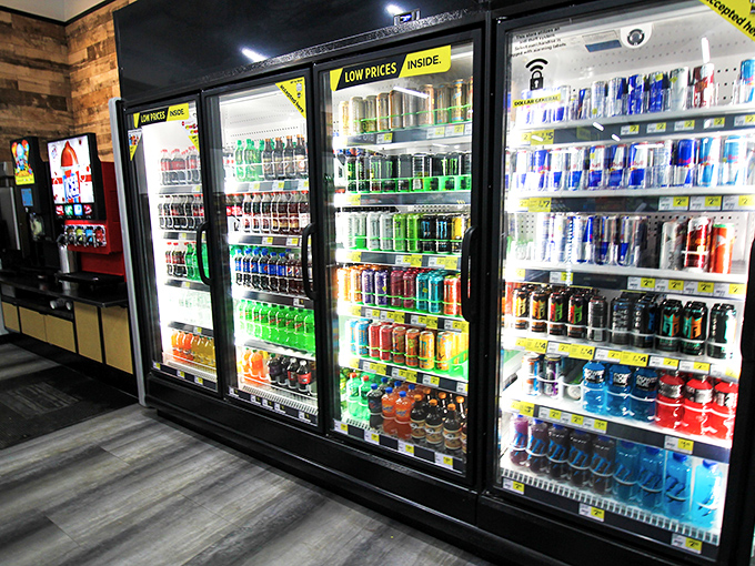 The refrigerated rainbow! This beverage section offers more colors than a Gulf Coast sunset, with hydration options for every Alabama adventure.