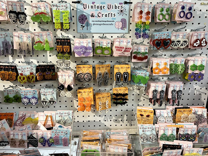 Vintage Vibes Crafts display offers wearable whimsy for your earlobes. From coffins to fruit, your personality can dangle delightfully for all to see.