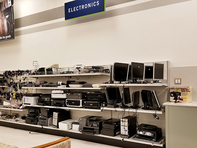 The electronics section: where yesterday's cutting-edge technology finds new purpose. One person's obsolete printer is another's home office salvation.